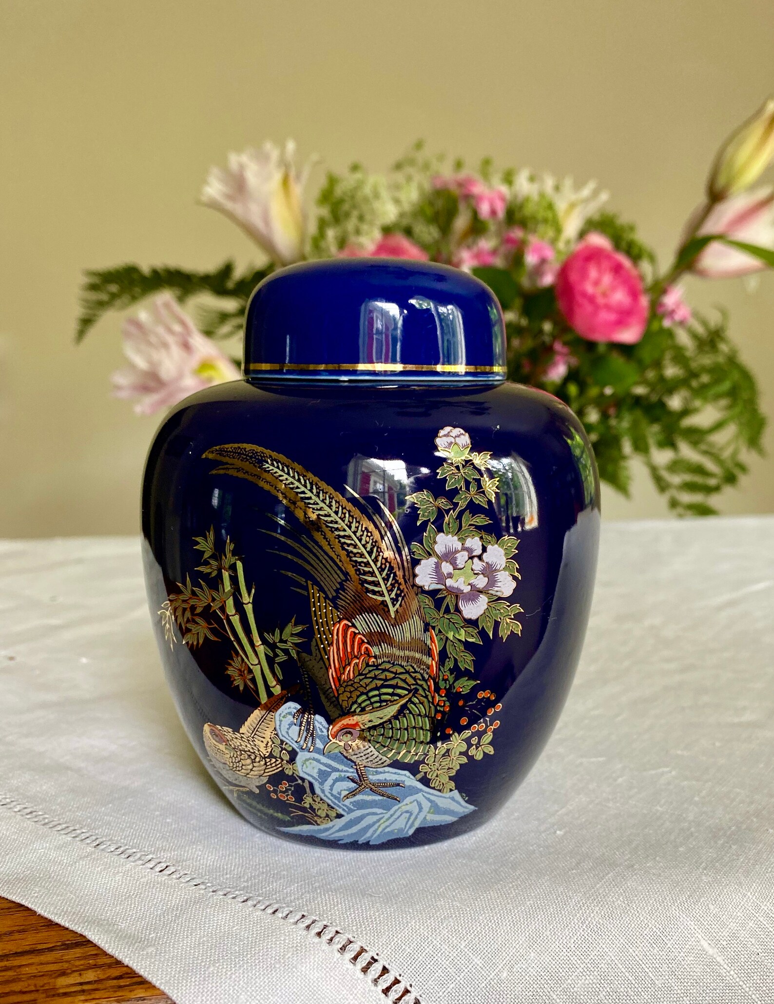 Vintage Ginger Jar Vase Hand Painted Green Pheasants Bamboo & - Etsy