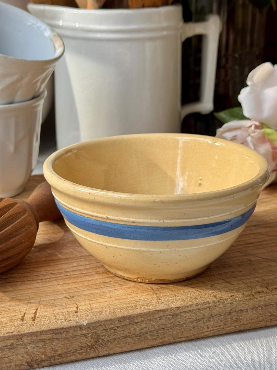 Antique Farmhouse Mini Mixing Prep Bowl Yellow Ware Yelloware Stoneware ...