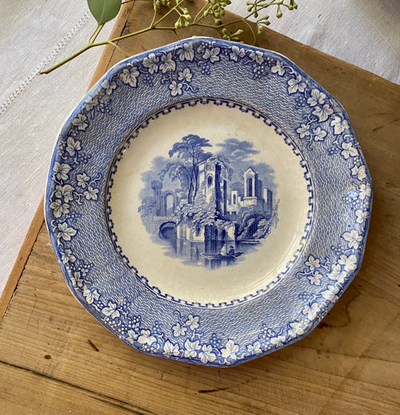 Antique John Alcock PRIORY Blue & White Transferware Plate Mid - Etsy