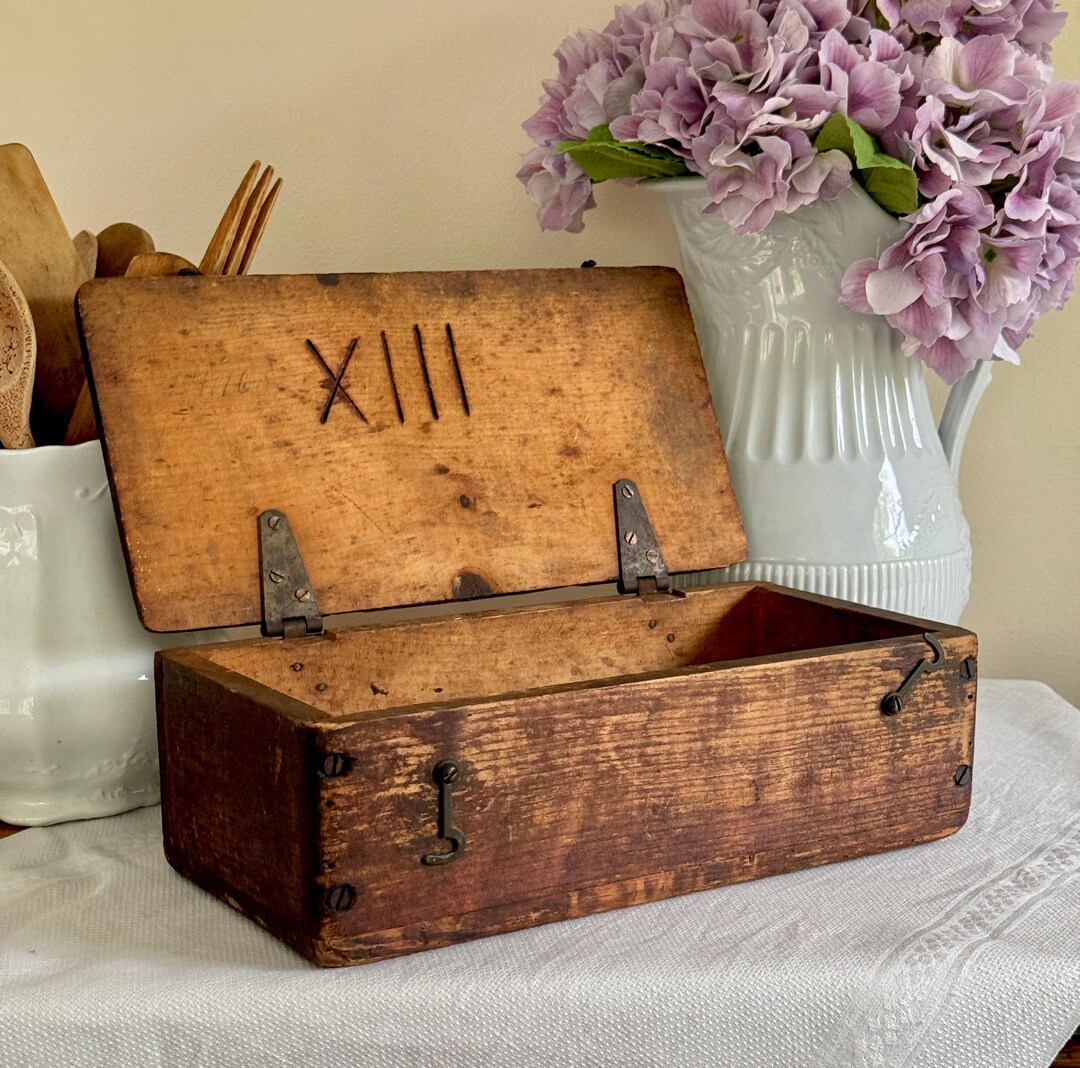Antique Primitive Wood Document Storage Box Roman Numerals XIII Lucky ...