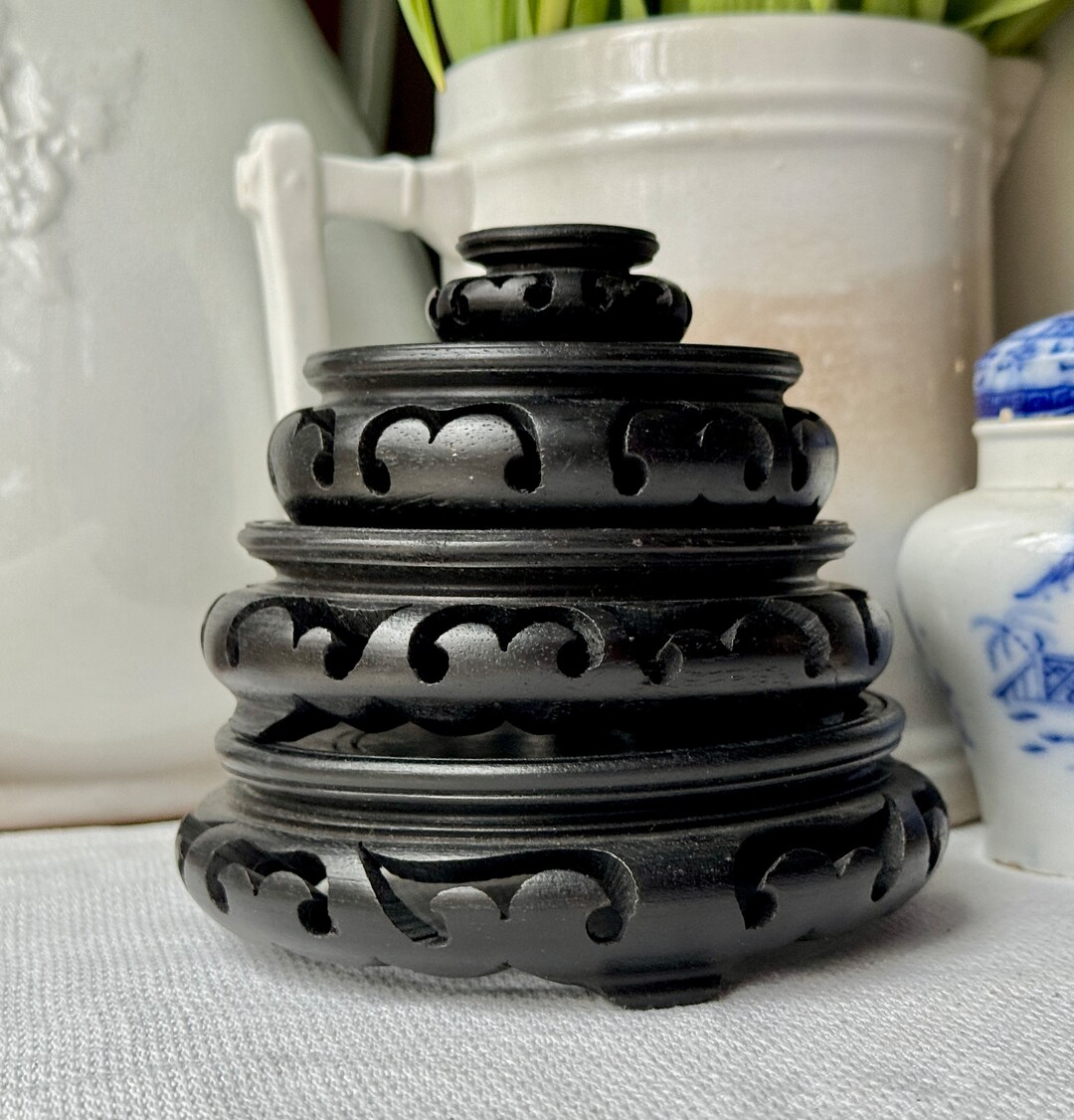 Vintage Black Carved Wood Round Plant Stand Riser Set of 4 Chinoiserie ...