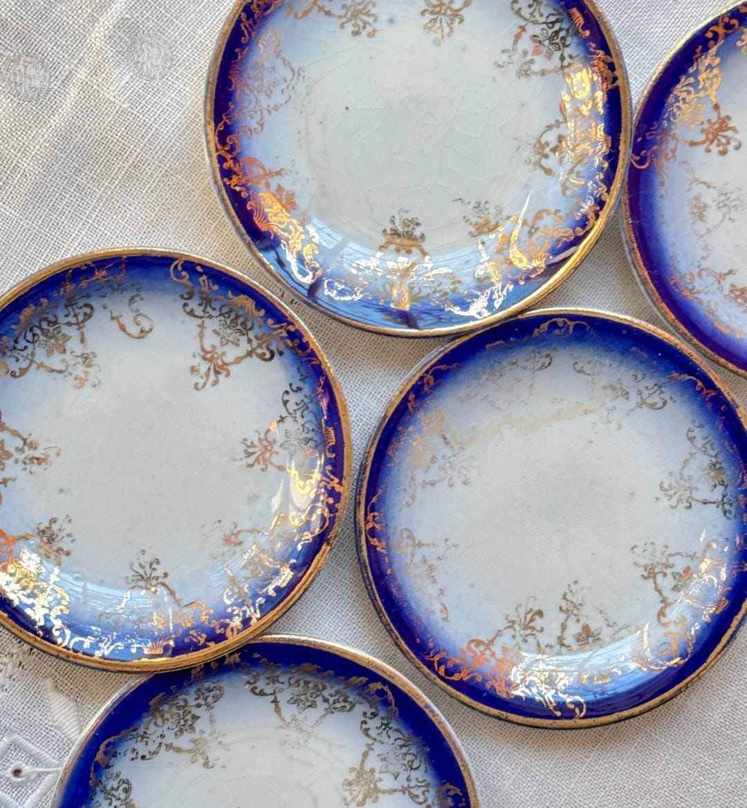 Antique Flow Blue Butter Pats Set of 5 Blue & White China Gold Trim - Etsy