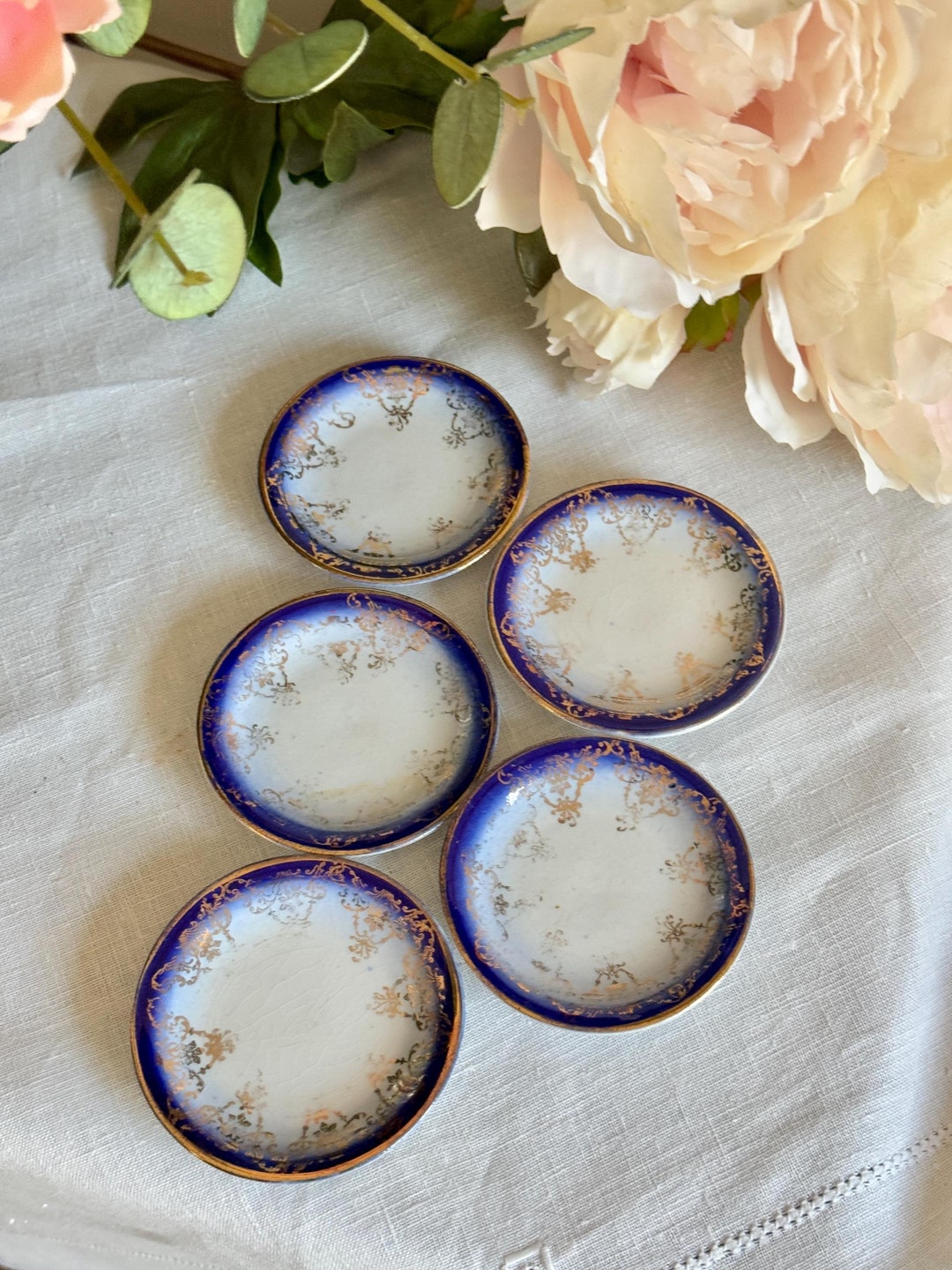 Antique Flow Blue Butter Pats Set of 5 Blue & White China Gold Trim - Etsy