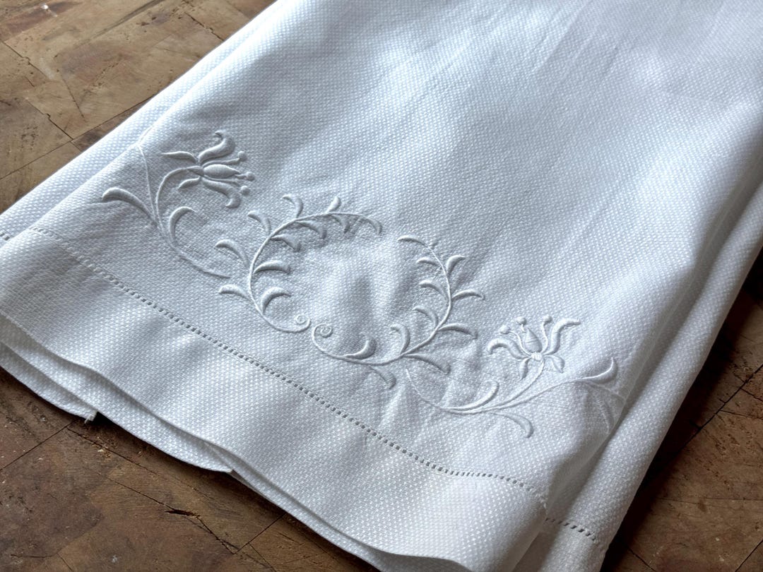 Vintage Large Huckaback Lily Embroidered Tea Towel White Cotton Linen ...