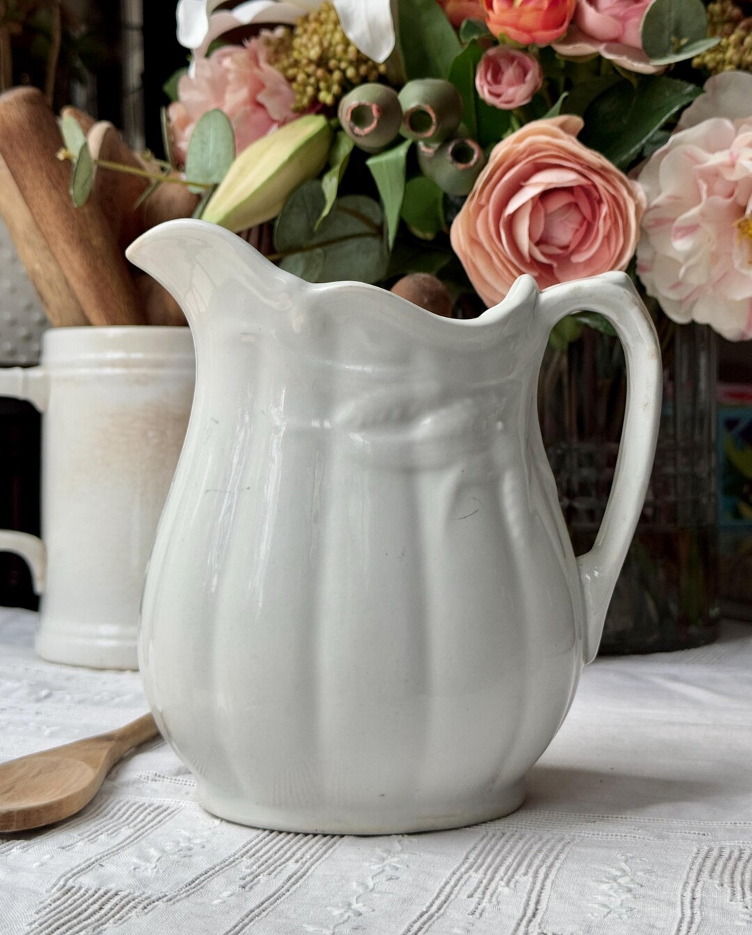 Antique White Ironstone Embossed Wheat Ribbed Pitcher Medium Jug Wood ...