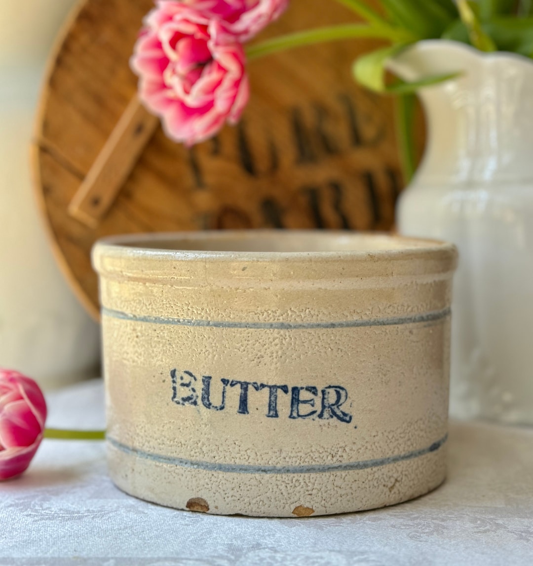 Antique Primitive Stoneware Butter Crock Gray & Blue Farmhouse Pottery ...