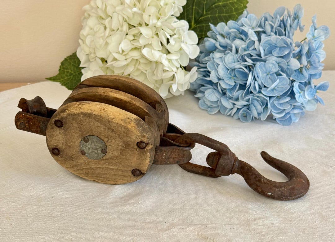 Vintage Wood Pulley With Iron Hook Rustic Primitive Salvage Industrial ...