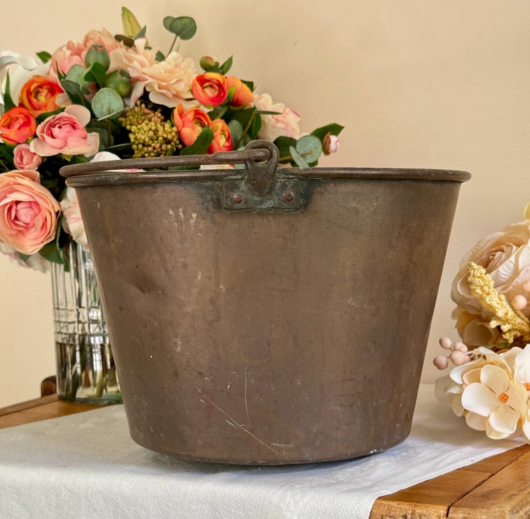 Antique Large Copper Bucket With Swing Handle Firewood Planter Storage ...
