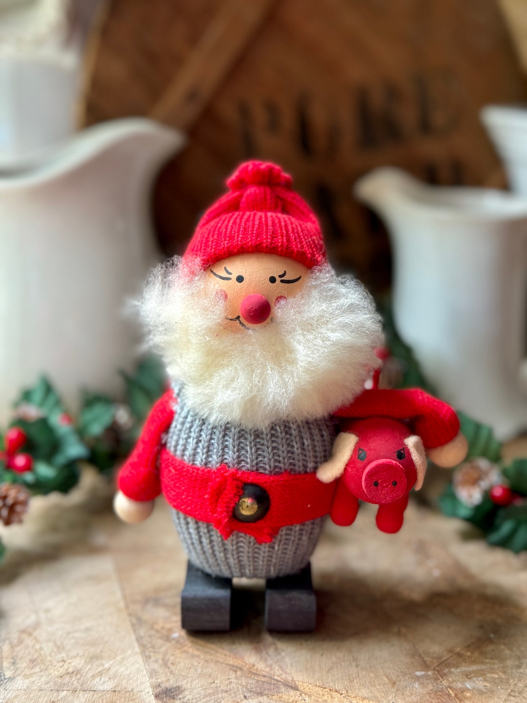 Vintage Swedish Santa Claus Tomte With Pig Wood 6" Christmas Elf Red ...