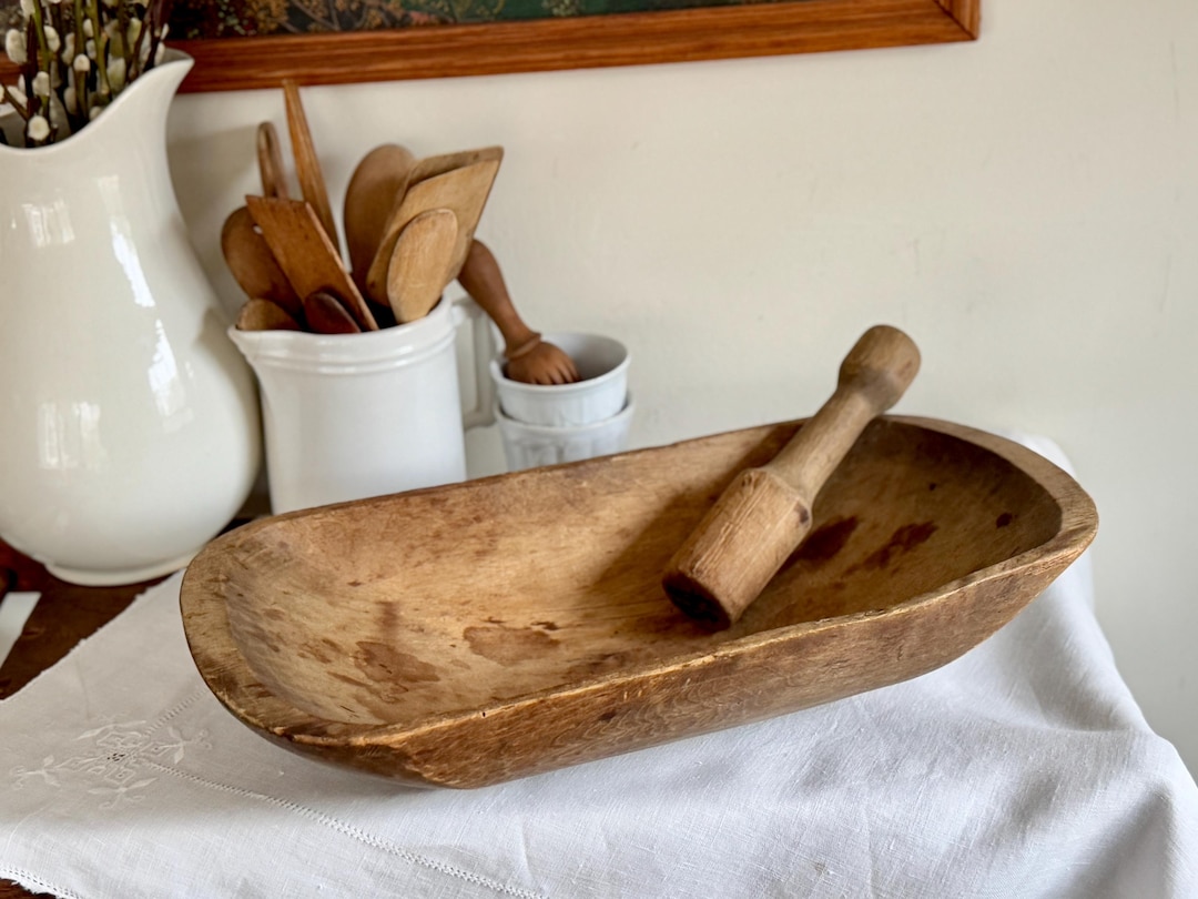 Antique Wood Trencher Dough Bowl and Pestle Primitive Farmhouse Kitchen ...