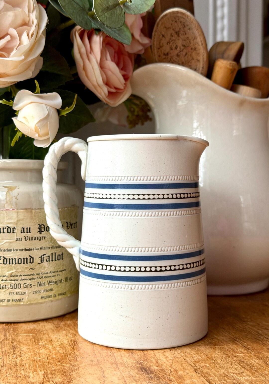 Antique Dudson MOSAIC Smear Glaze Tankard Pitcher Black Bead & Blue ...