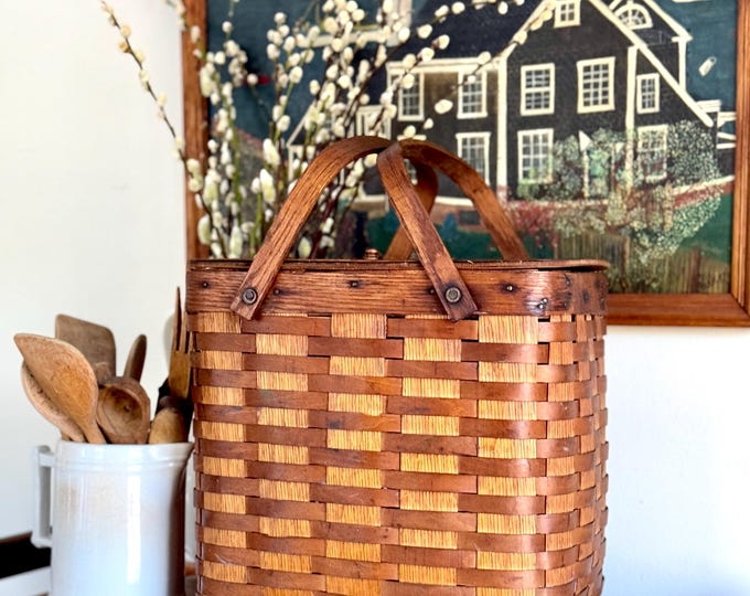 Antique Split Oak Wood Picnic Basket Bentwood Swing Handles Woven ...