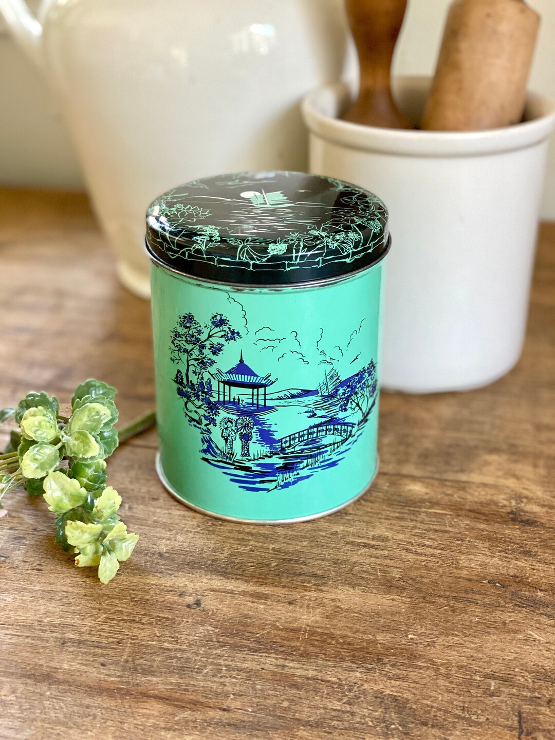 Vintage Turquoise Blue Asian Landscape Tin Storage Container Box With ...
