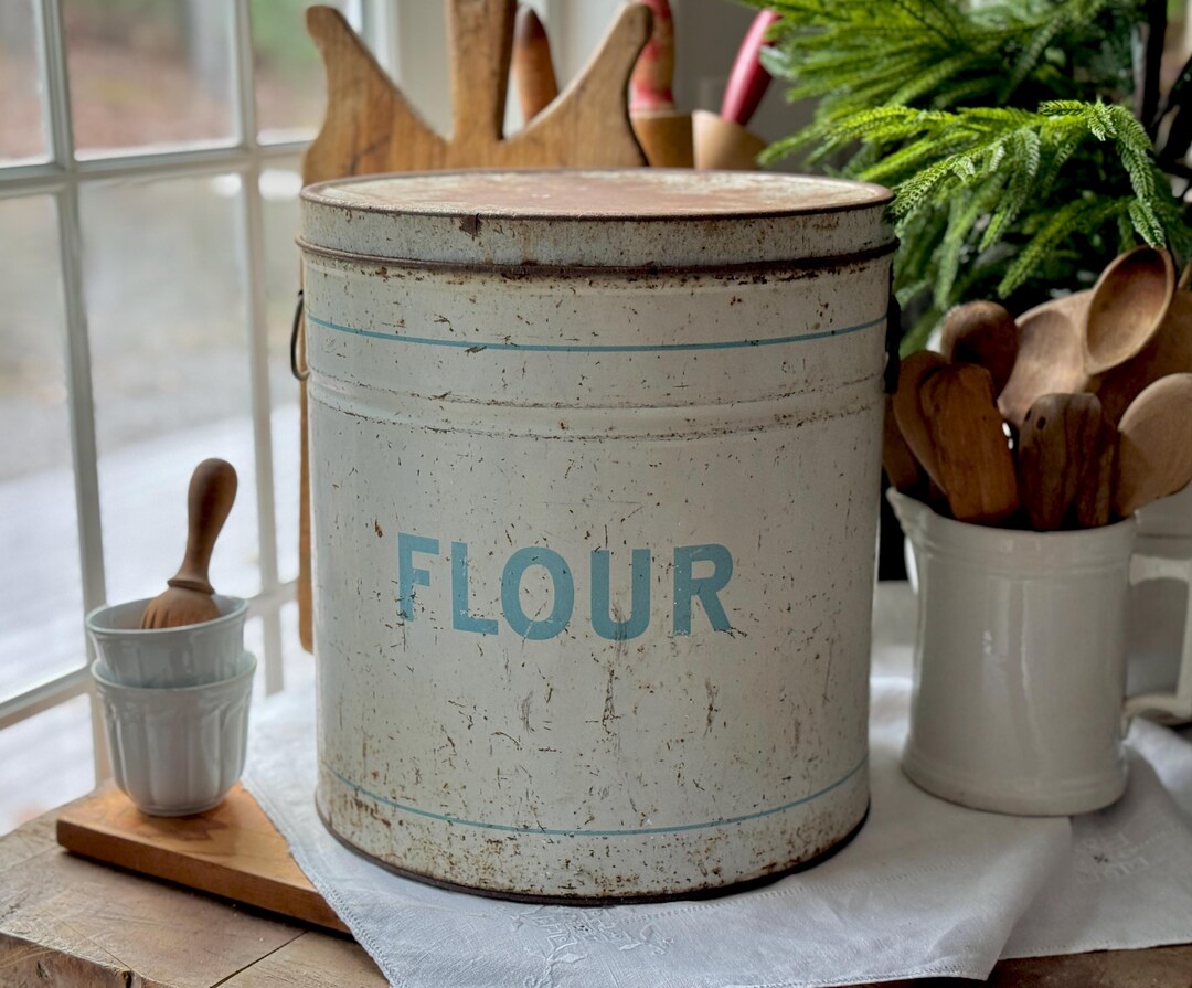 Antique Extra Large FLOUR Tin Storage Canister Cream & Aqua Farmhouse ...