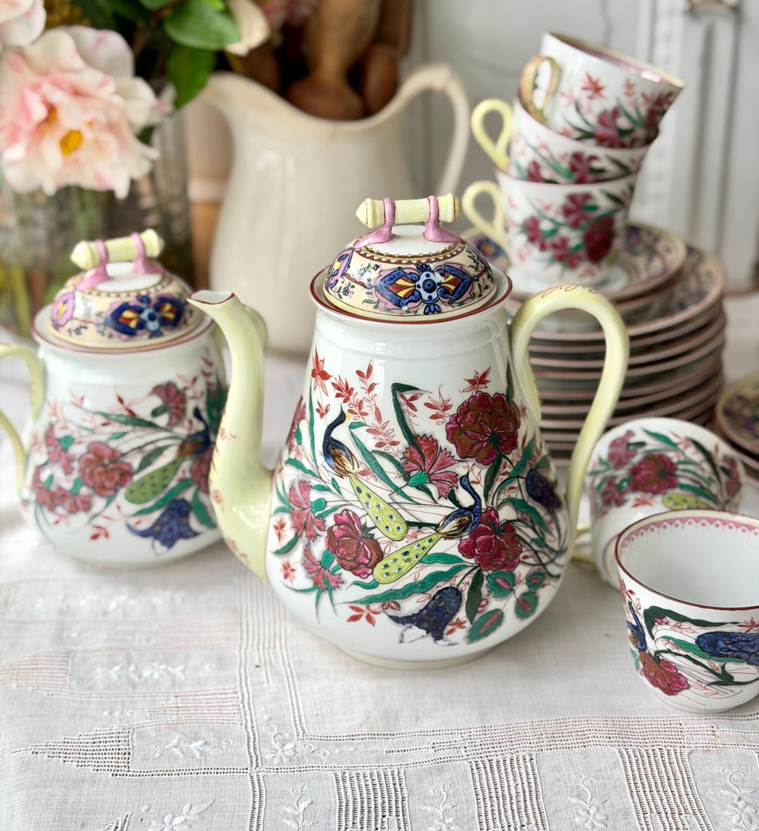 Antique Heinrich Carlsbad Teapot Germany Porcelain Hand Painted Peacock ...