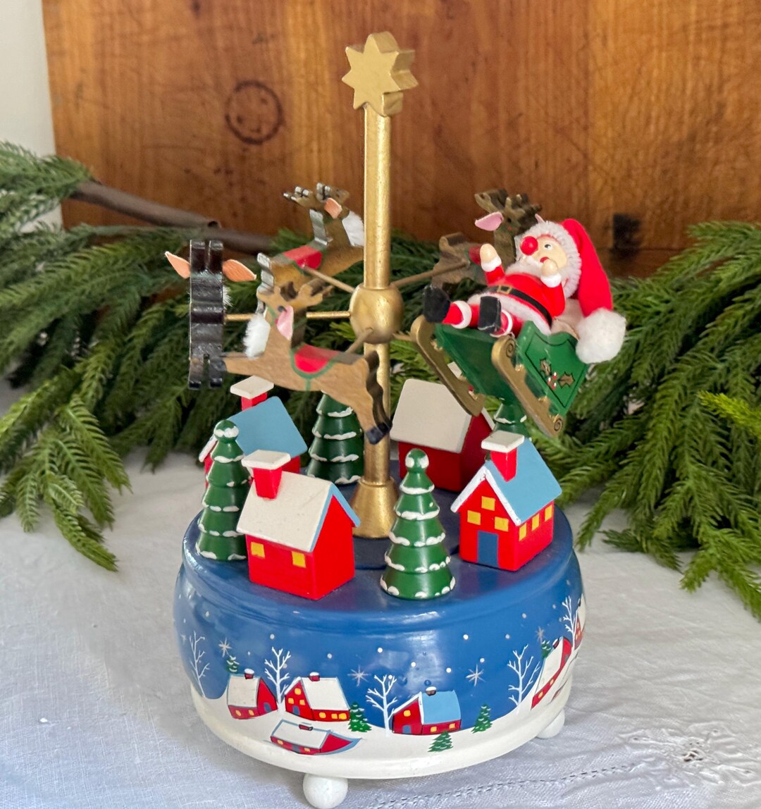 Vintage Christmas Music Box Wood Spinning Santa in Sleigh Spinning ...