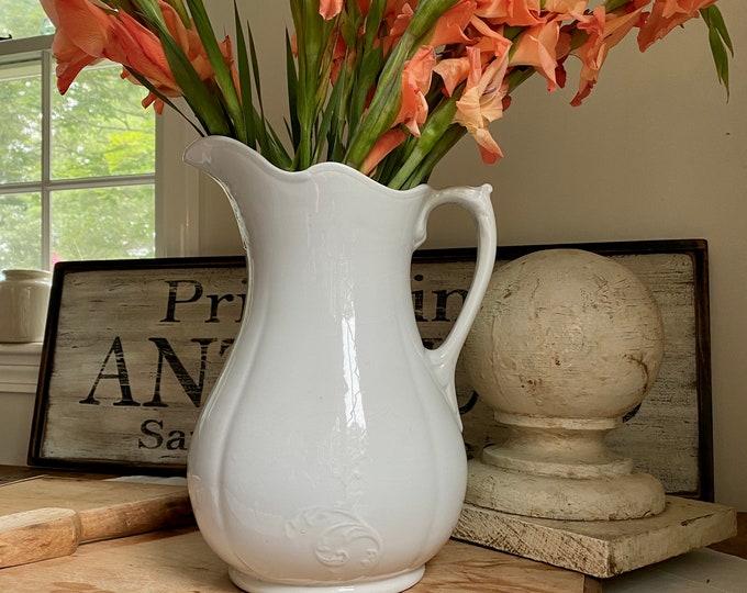 Antique White Ironstone Large Pottery Pitcher Jug Embossed Acanthus ...