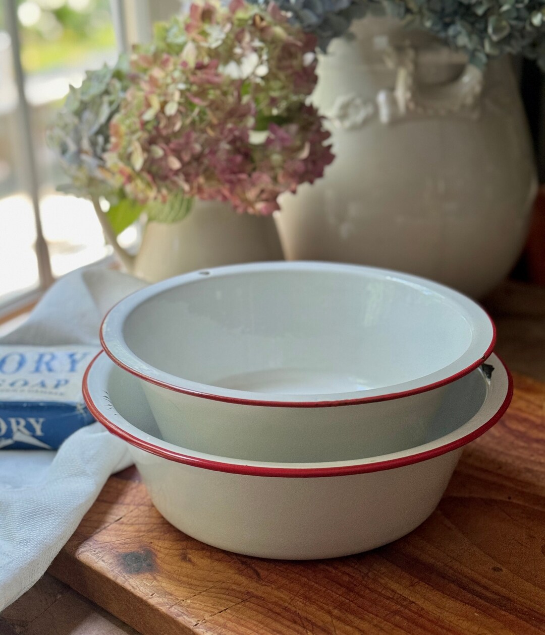 White & Red Porcelain Enamelware Wash Tub Bowls 2 Piece Set Red Trim ...