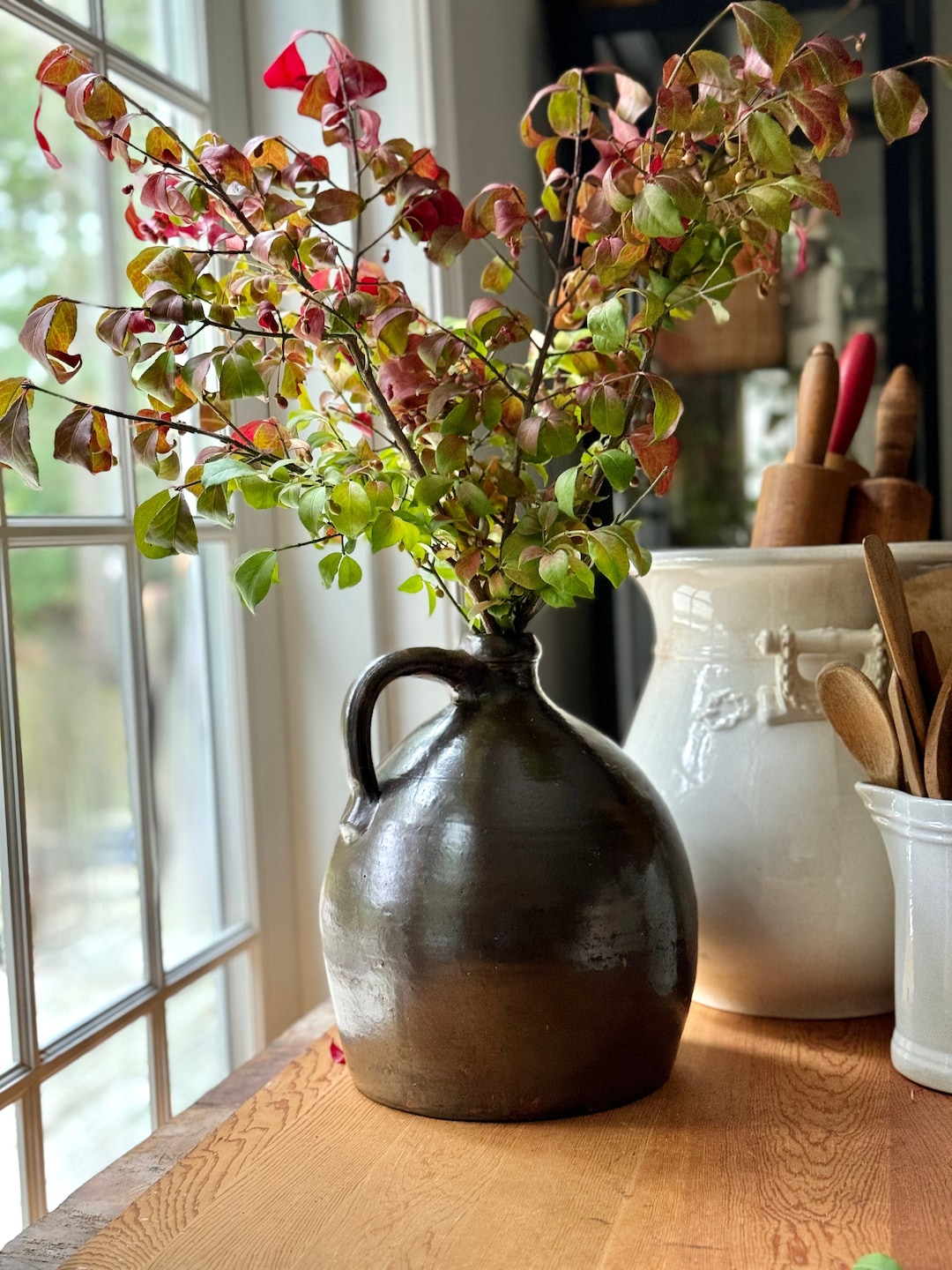 Large Antique Primitive Jug Chocolate Brown Albany Slip Salt Glaze ...