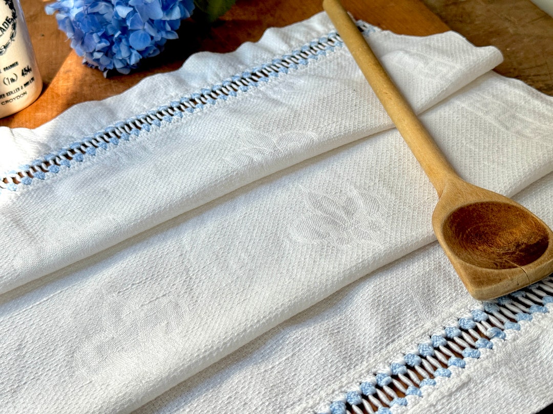 Vintage Large Huckaback Damask Fleur De Lis Tea Towel White Cotton ...