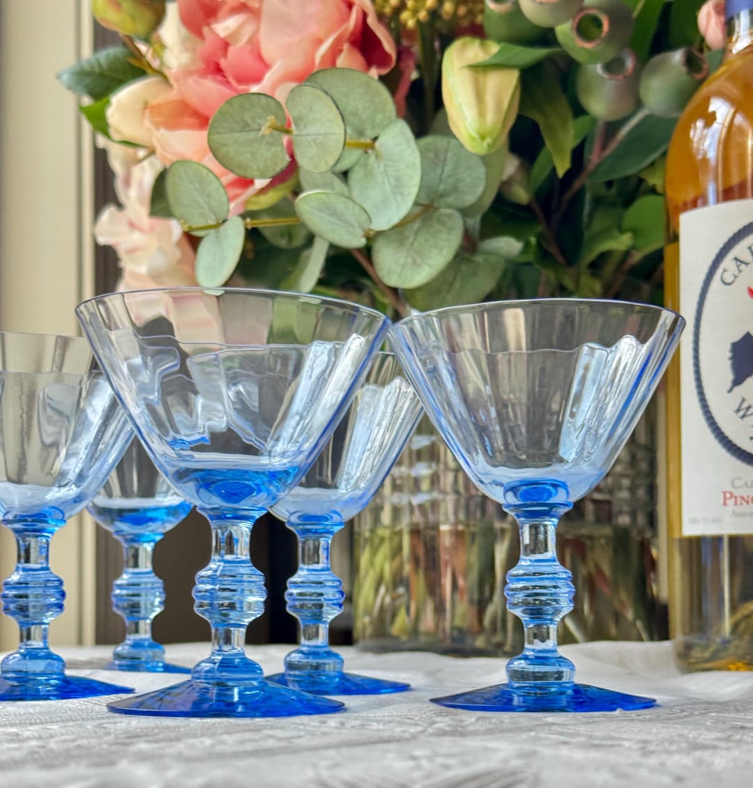 Antique Fry Light Blue Optic Glass Cocktail Set: 1920s Wafer Stemware ...