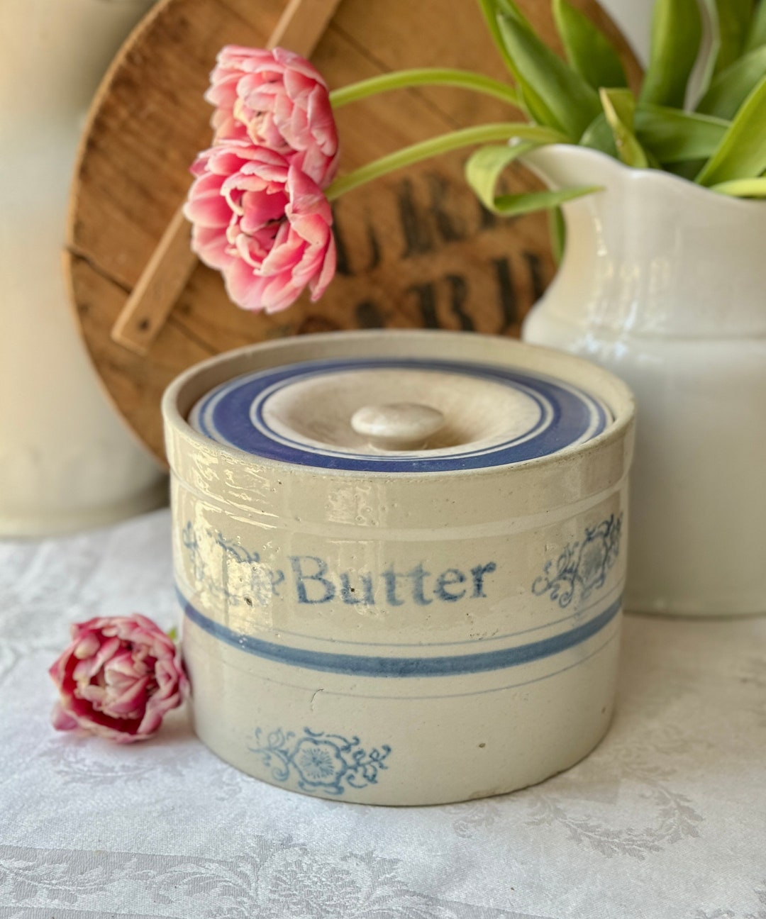 Antique Primitive Stoneware Butter Crock With Lid Blue Flowers ...