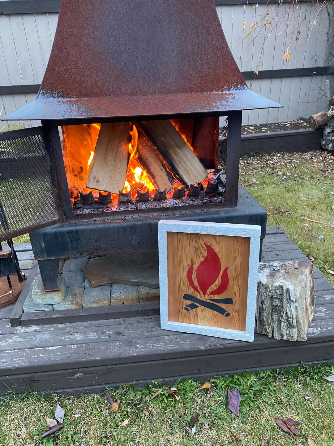 Campfire Image Hand Painted Cedar Wood, Art, Bonfire, Cozy Wall Decor ...