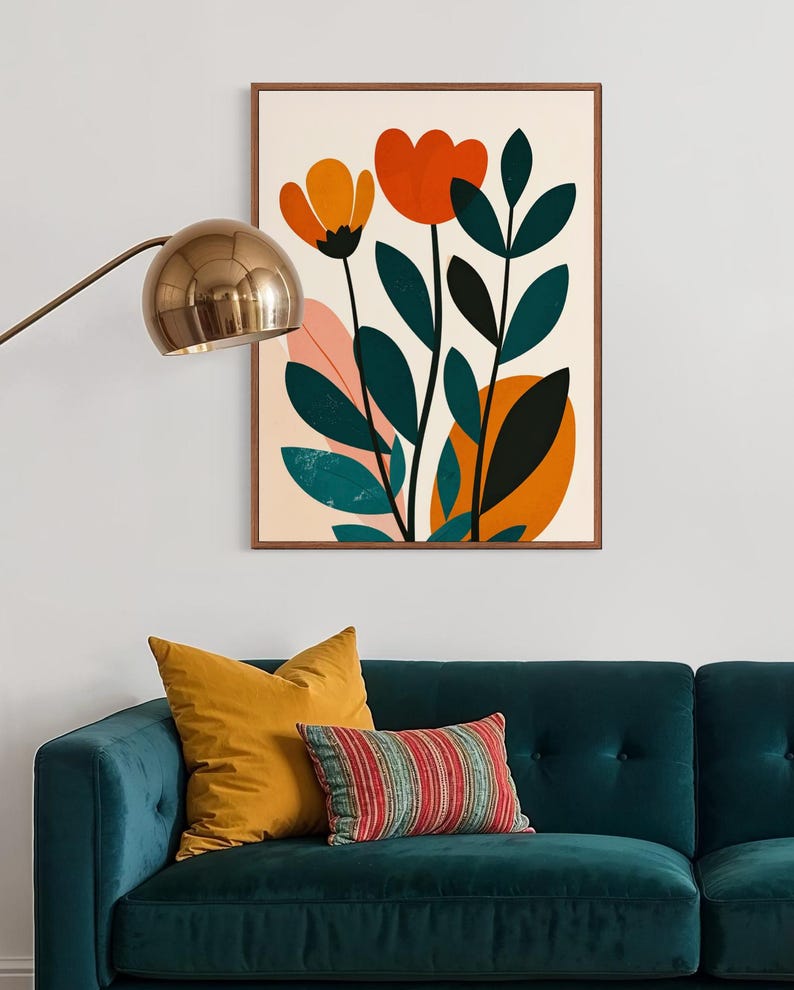 Mid Century Floral Print, Abstract Botanical Wall Art, Retro Flower ...