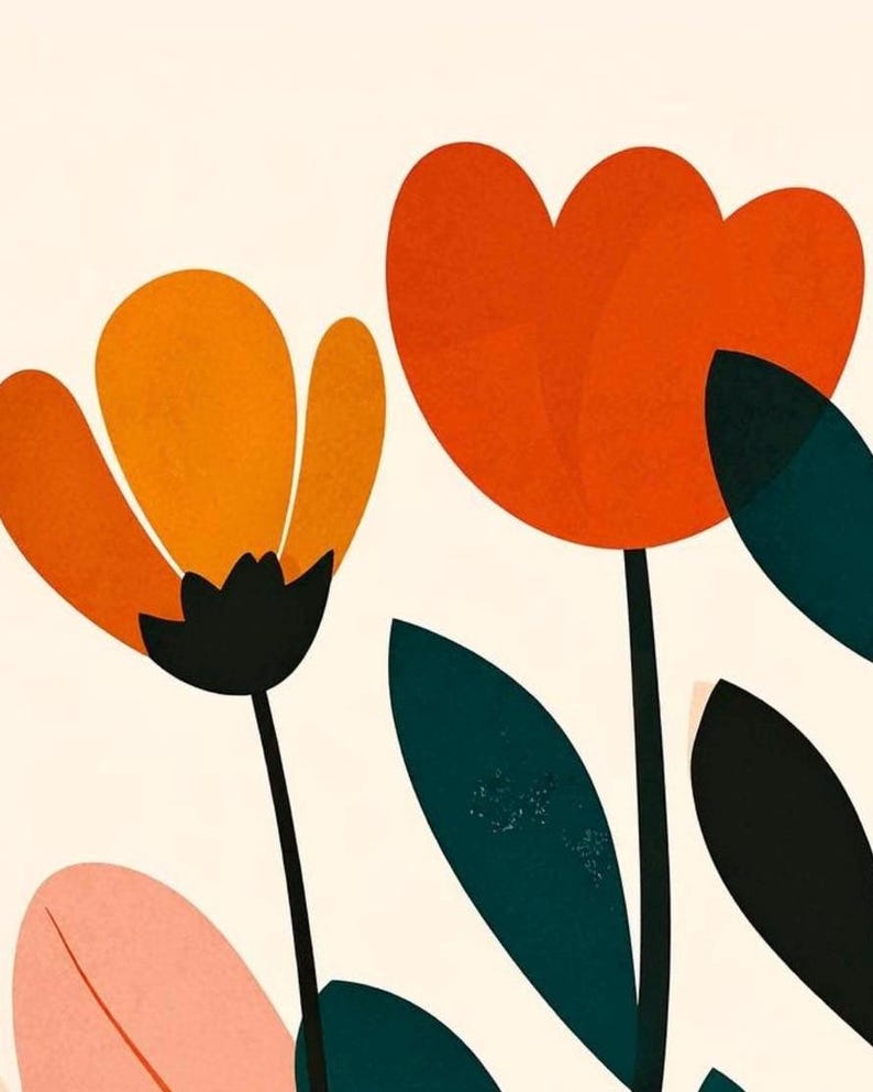 Mid Century Floral Print, Abstract Botanical Wall Art, Retro Flower ...