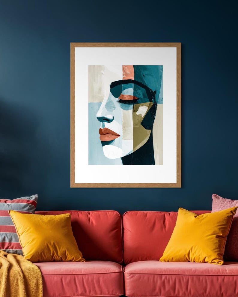 Modern Abstract Face Art Print – Geometric Woman Portrait – Teal ...