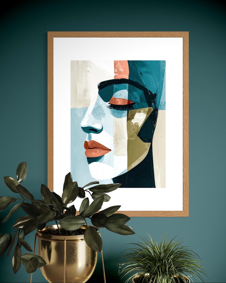 Modern Abstract Face Art Print – Geometric Woman Portrait – Teal ...
