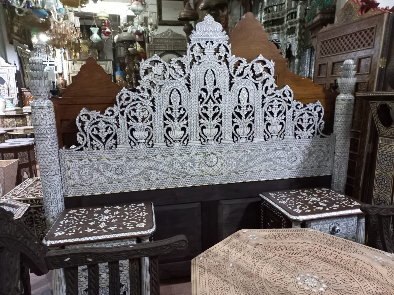 White Shell Syrian Mother of Pearl Headboard Bed With Two Nightstands ...