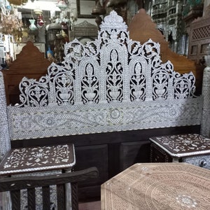 White Shell Syrian Mother of Pearl Headboard Bed With Two Nightstands ...