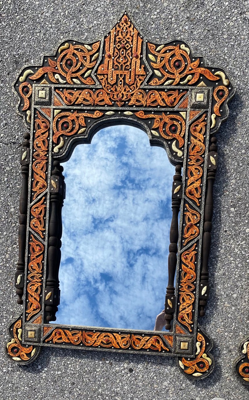 Vintage Moroccan Mirror: Allah Arabic Calligraphy, Camel Bone Inlay - Etsy