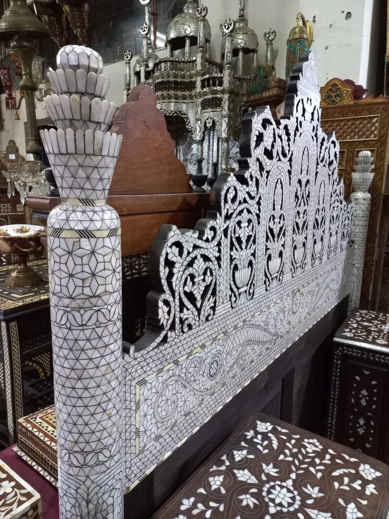 White Shell Syrian Mother of Pearl Headboard Bed With Two Nightstands ...