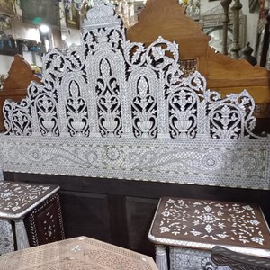 White Shell Syrian Mother of Pearl Headboard Bed With Two Nightstands ...