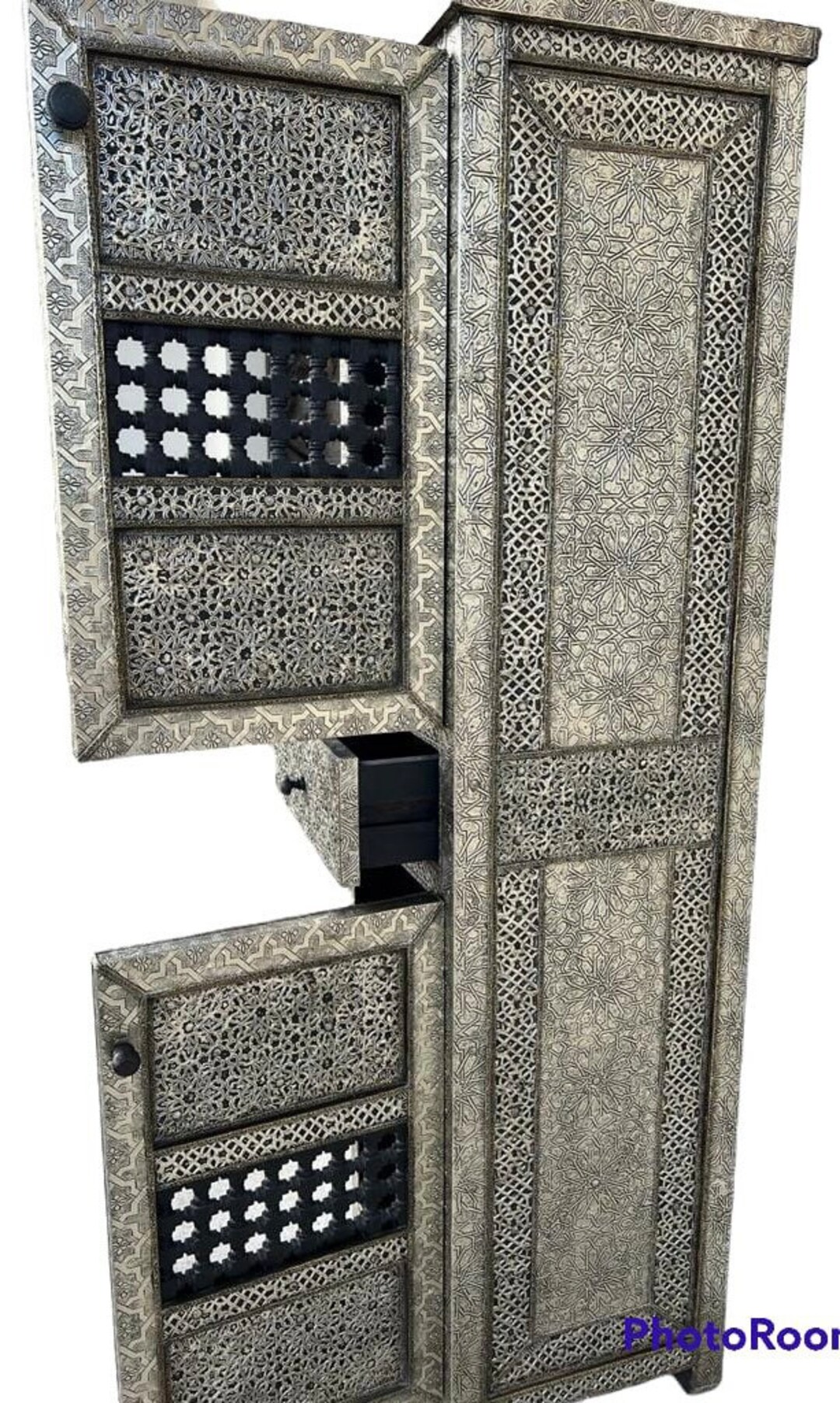 Moroccan Handmade Silver Metal Cabinet With Metal Drawer Mousharabia ...