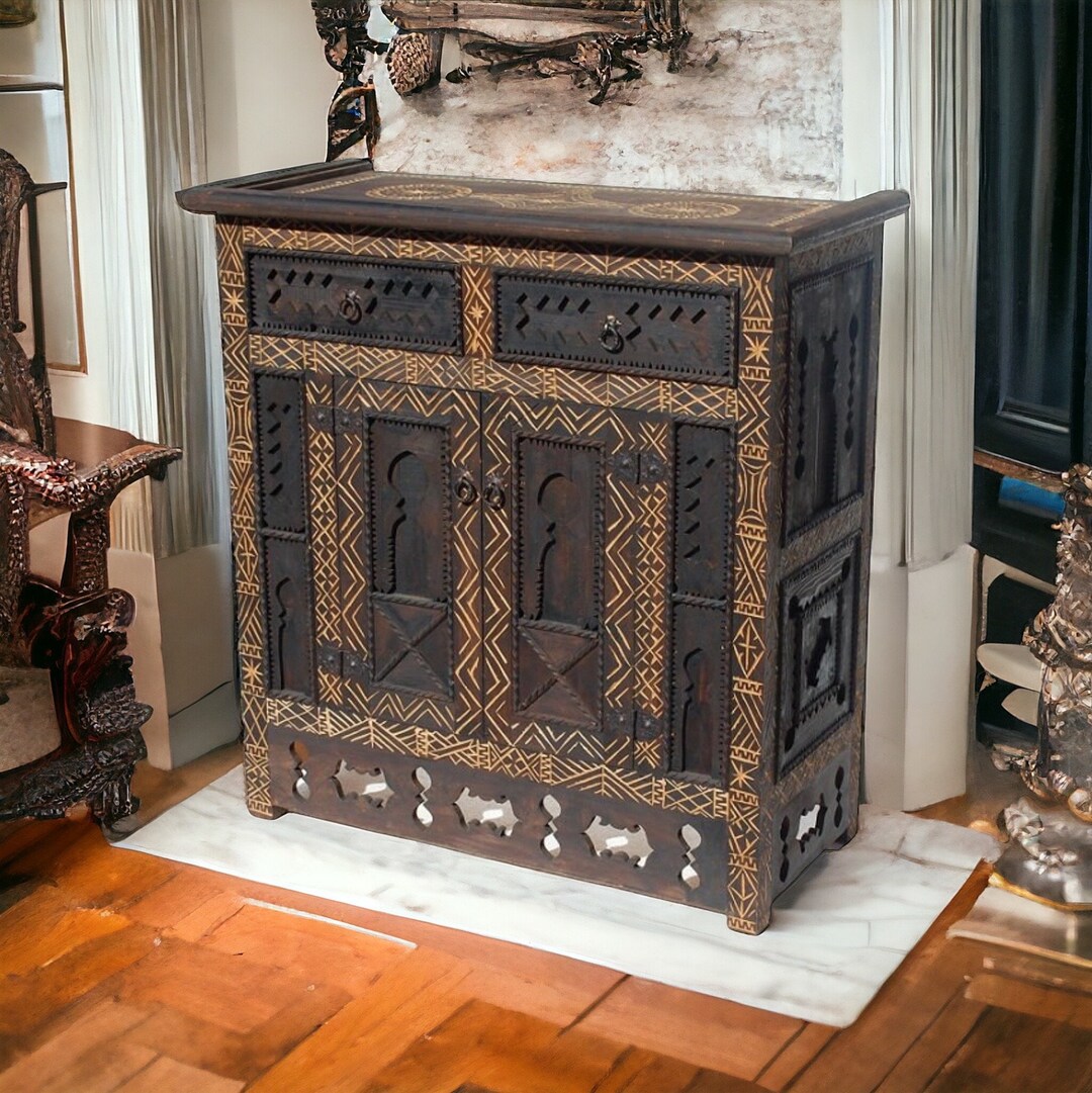 Vintage African Cedar Carved Wooden Cabinet Chest of Drawers and Door ...