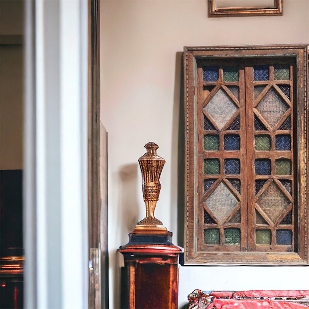 Two Antique Stained Glass Riad Large Window, Moorish Architecture Wood ...