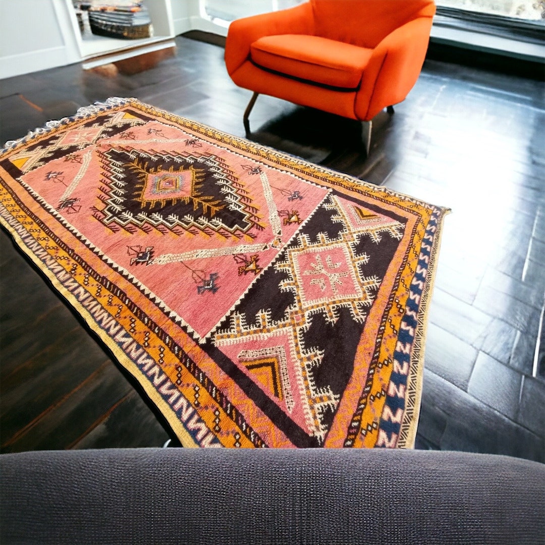 113” X 57” Dark Orange and Gold/ Black Vintage Taznakht Rug Collection ...