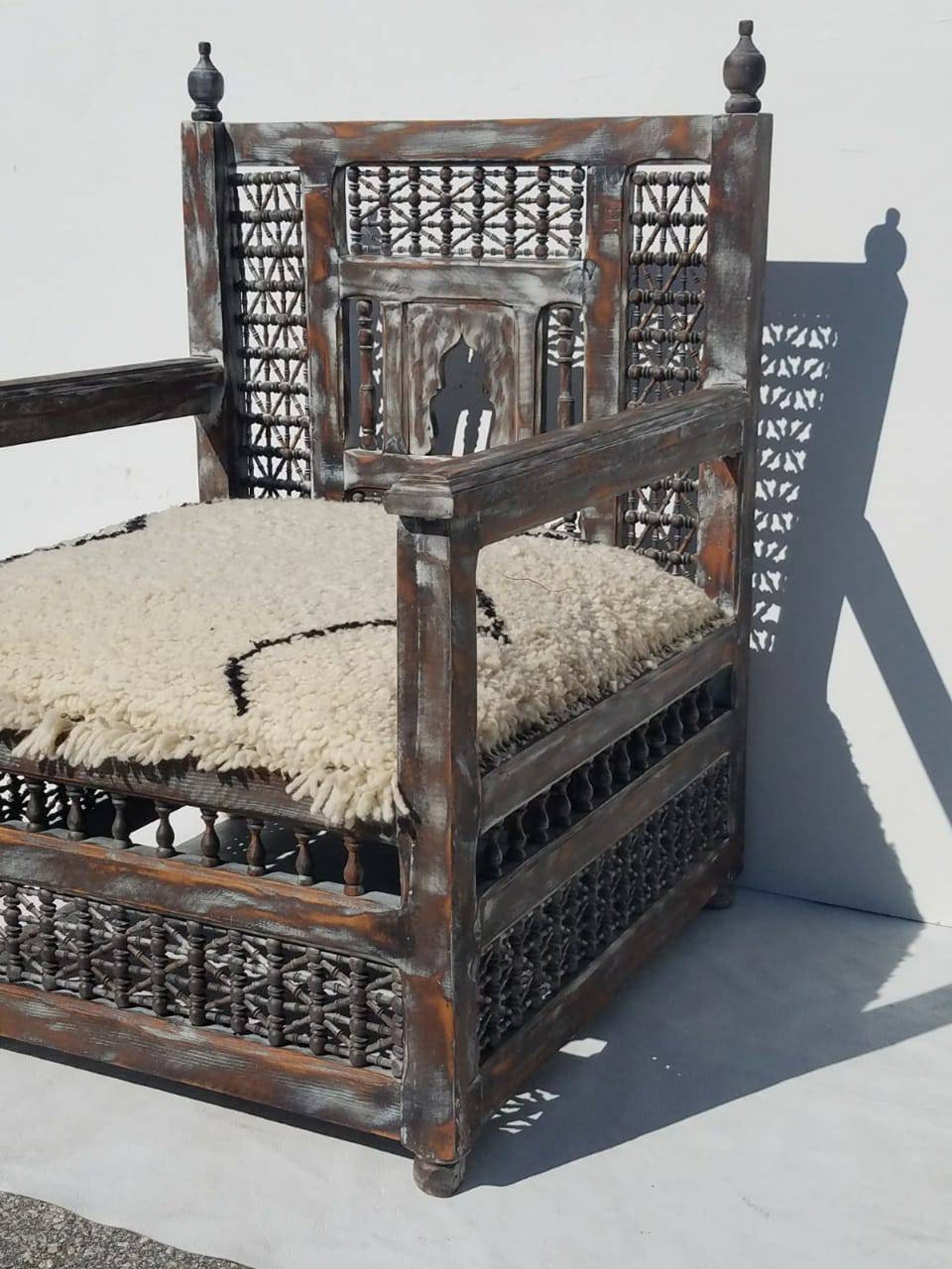 One of a Kind Moroccan Upholstered Beni Ourain Carpet Wooden Chair ...
