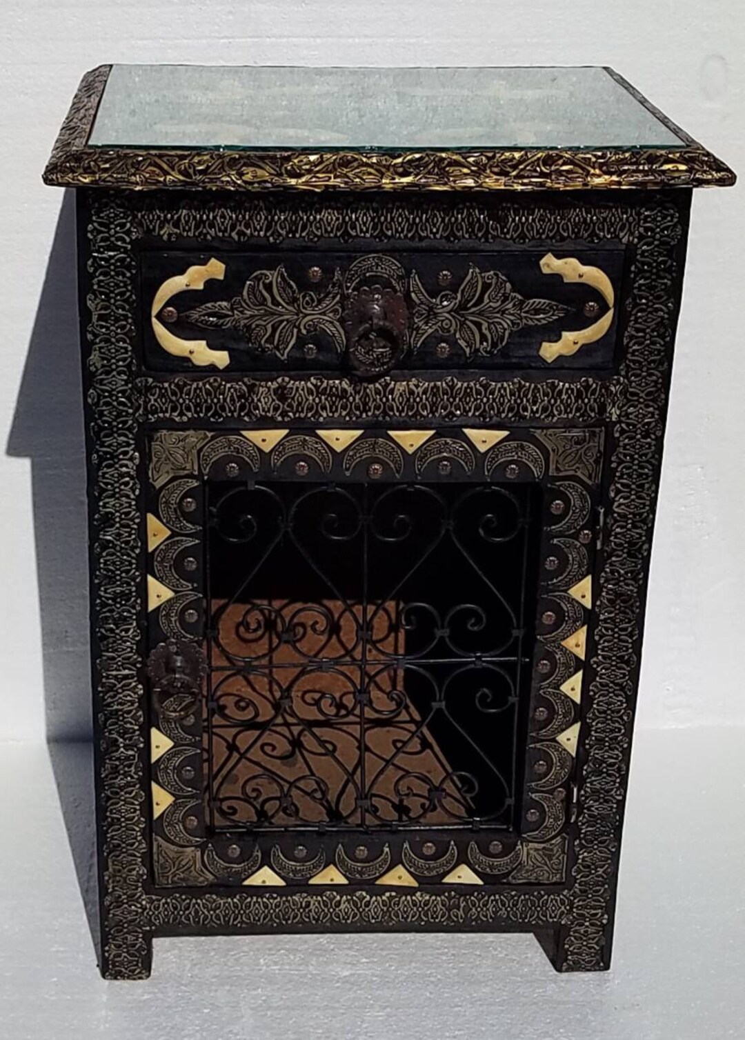 Moroccan Nightstand: Camel Bone, Silver Metal, Wrought Iron Door - Etsy