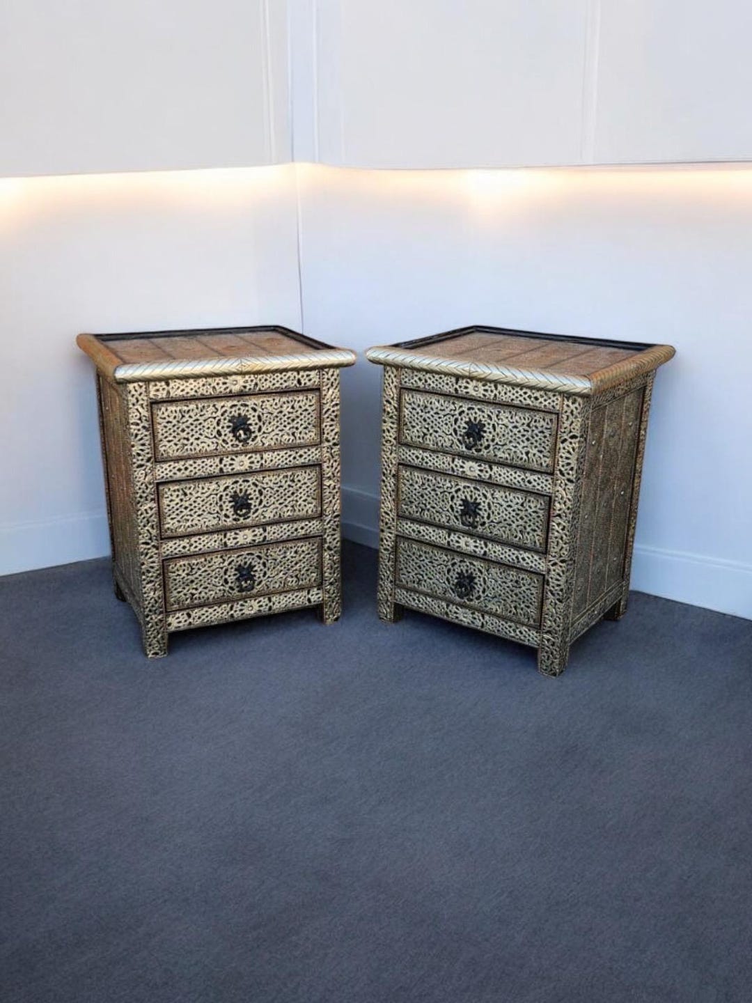 Two Handmade Moroccan Silver Metal Nightstand Metal Three Drawers ...