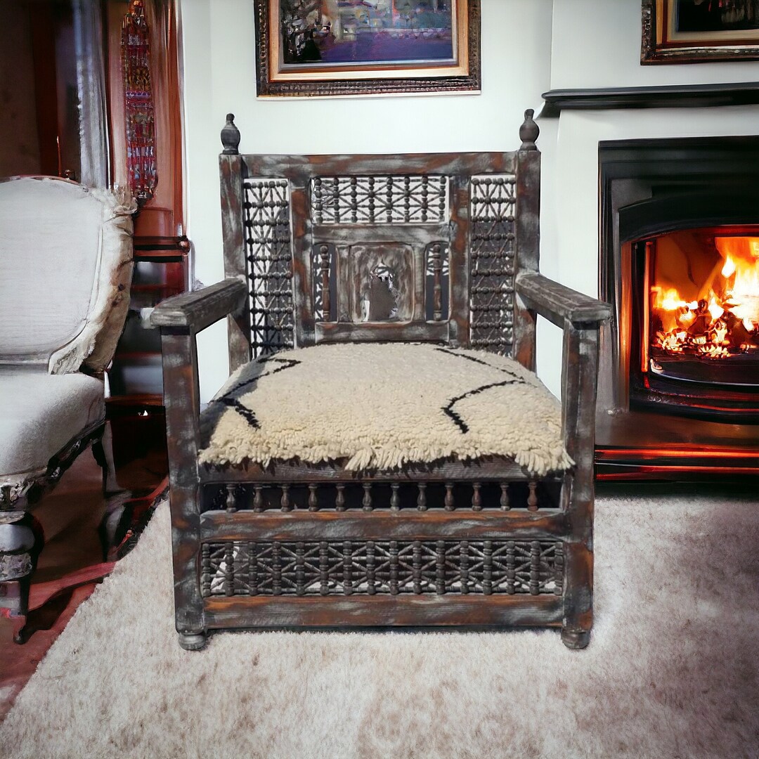 One of a Kind Moroccan Upholstered Beni Ourain Carpet Wooden Chair ...