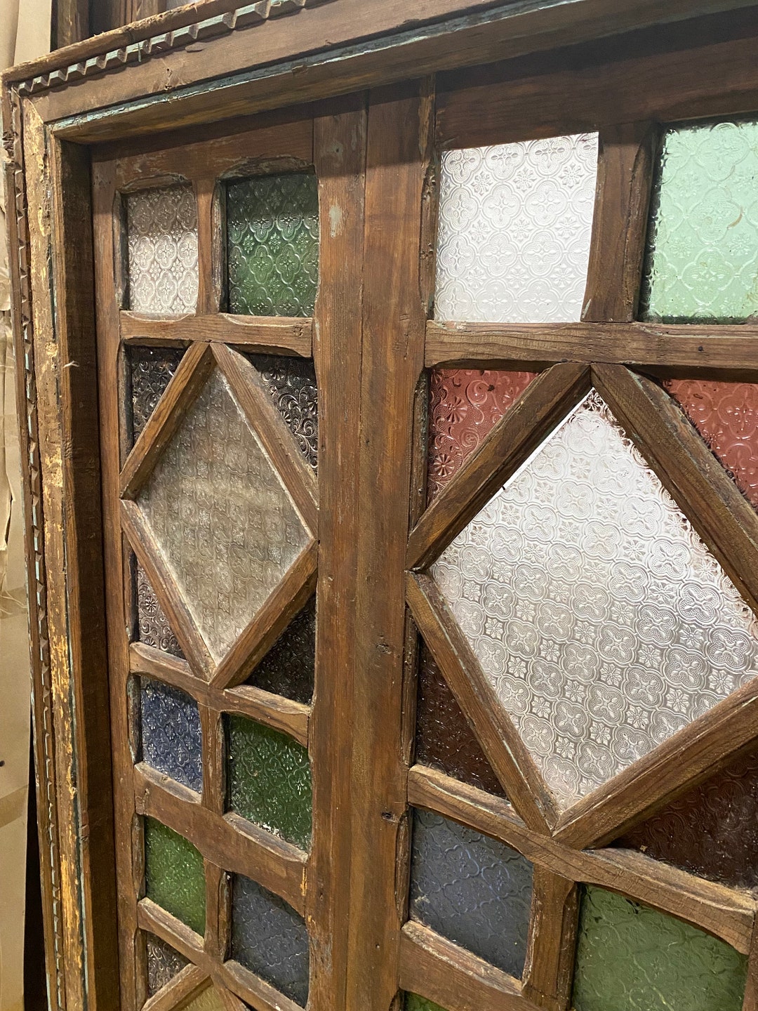 Two Antique Stained Glass Riad Large Window, Moorish Architecture Wood ...