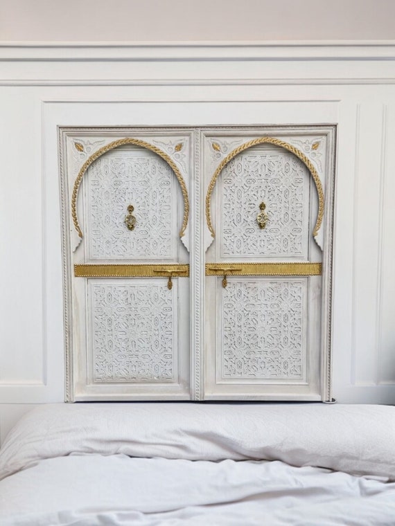 Exquisite Headboard Bed Handmade Moroccan Double Door Panels Bed Hand Carved Brass Knockers Bedroom Geometric Artwork Bedroom Furniture Etsy