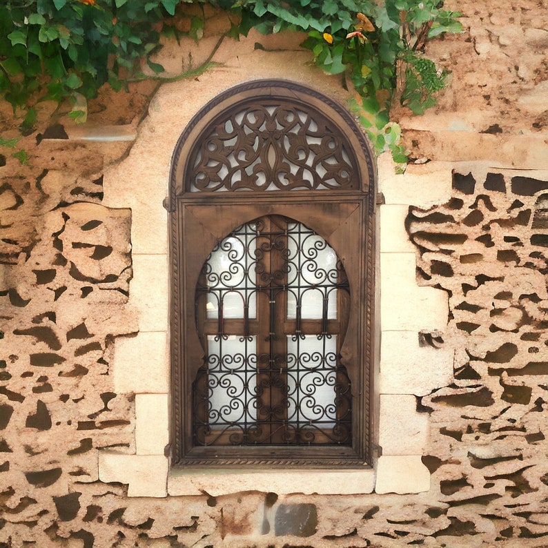 Geometric Arch Vintage Moroccan Wrought Iron Filigree Window, Moorish ...