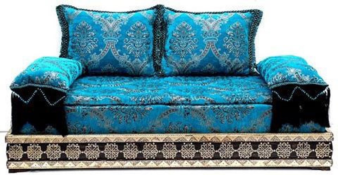 Blue Moroccan Upholstered Golden Fabric Couch, Moroccan Furniture ...