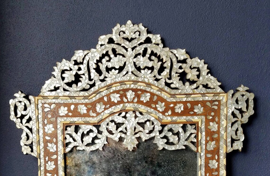Vintage Syrian Inlay Mirror, Mother of Pearl, Handmade Moroccan Decor ...