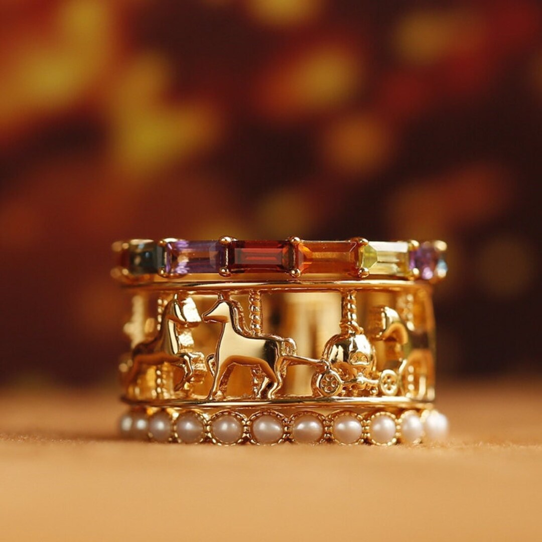 Carousel Baby Pearls & Ring Set, 18K Solid Yellow Gold Handmade Ring ...